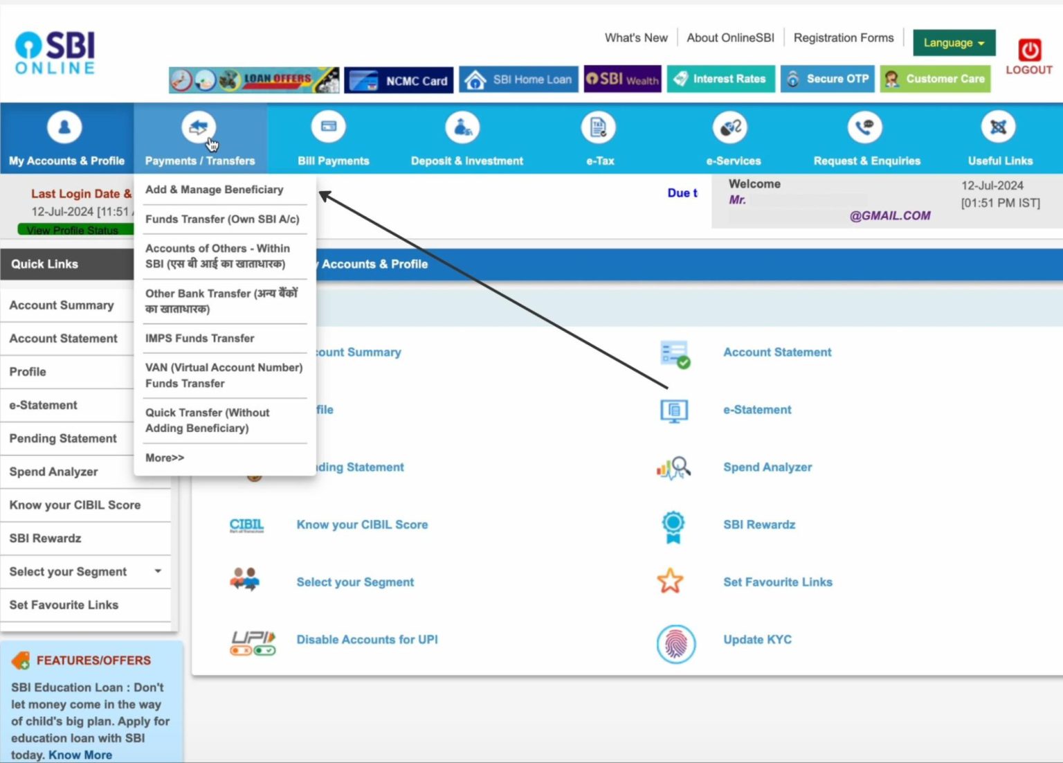Transfer Funds from SBI to Vested Account